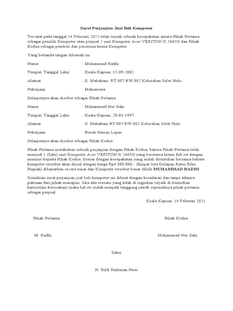 Surat Perjanjian Jual Beli Komputer | PDF
