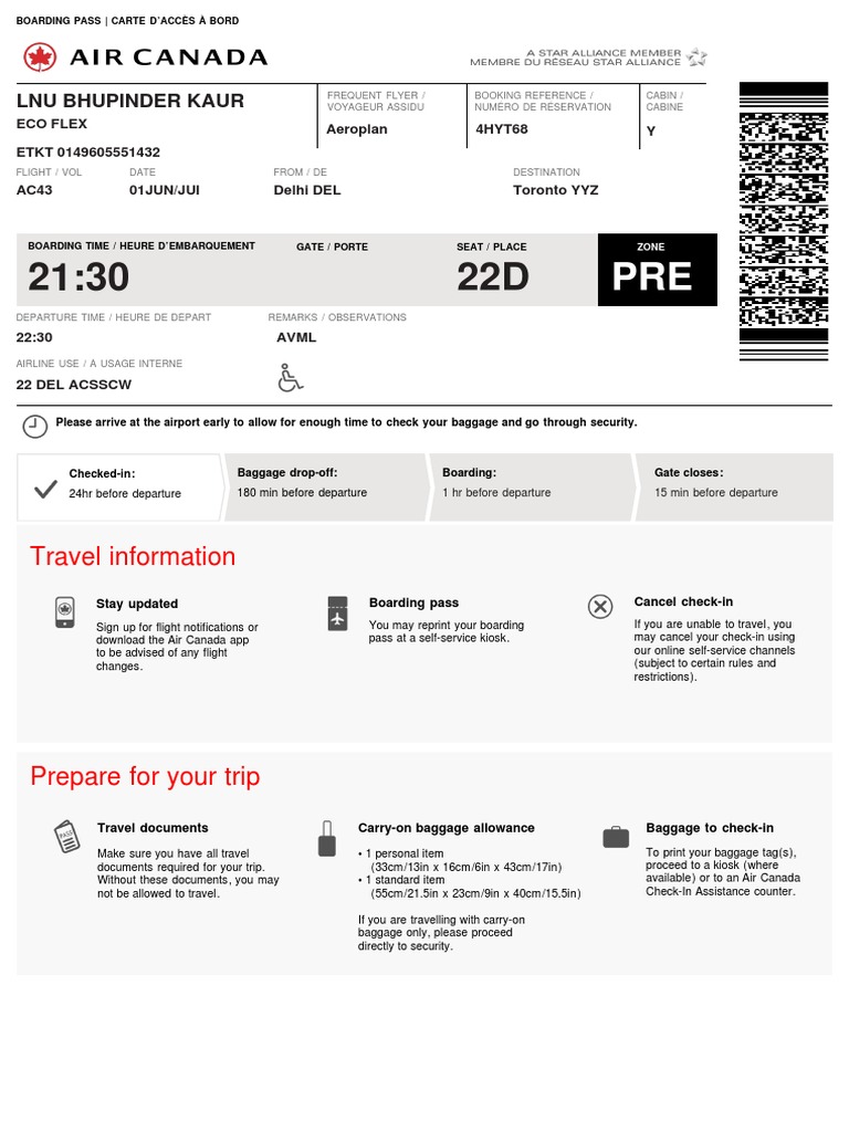 Air Canada Boarding Pass Details | PDF