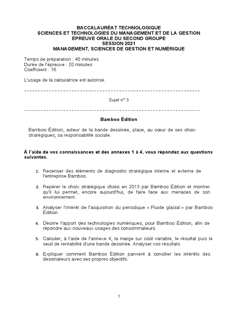 STMG MSGN Oral 2021 - Sujet 3 Et Corrigé | PDF