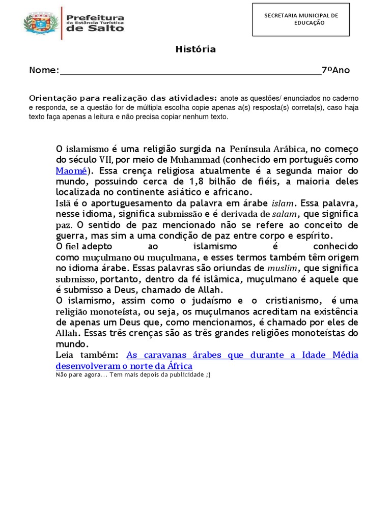 7º Ano História 1 | PDF | Maomé | Medina