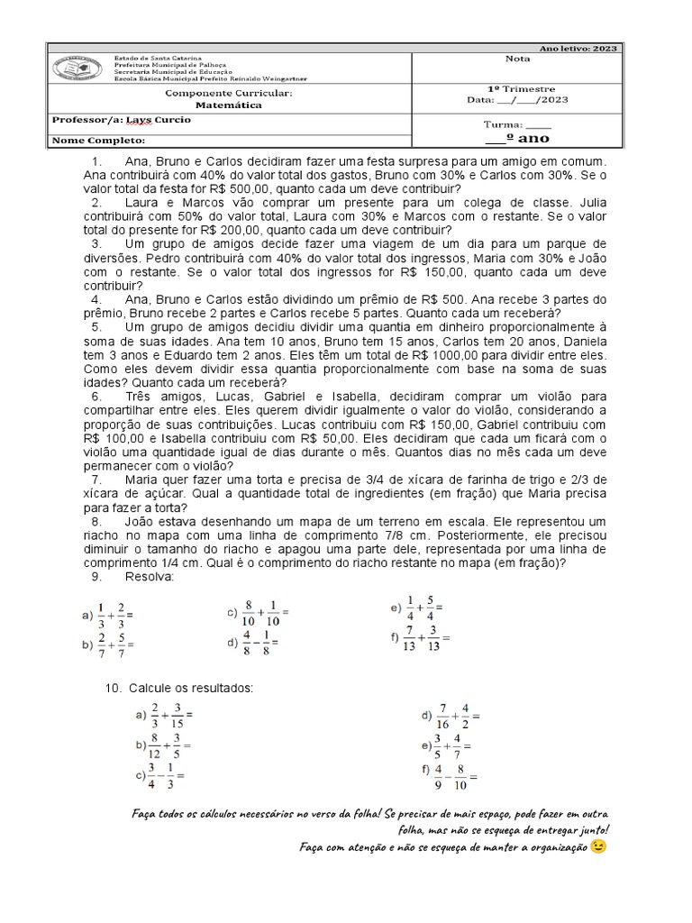Proporção Porcentagem E Fração 6º Ano Pdf