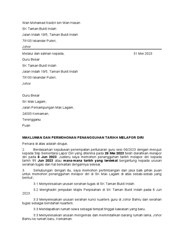 Permohonan Penangguhan Lapor Diri | PDF