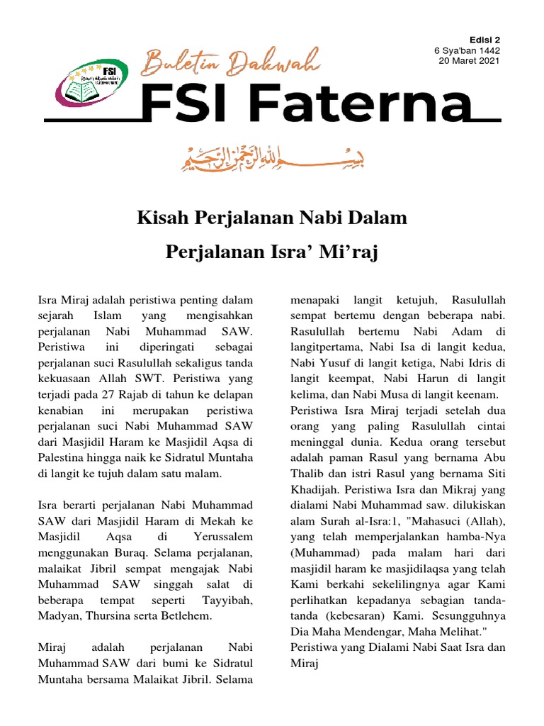Buletin Dakwah FSI Faterna Edisi 2 - Kisah Perjalanan Nabi Dalam Perjalanan Isra Miraj | PDF