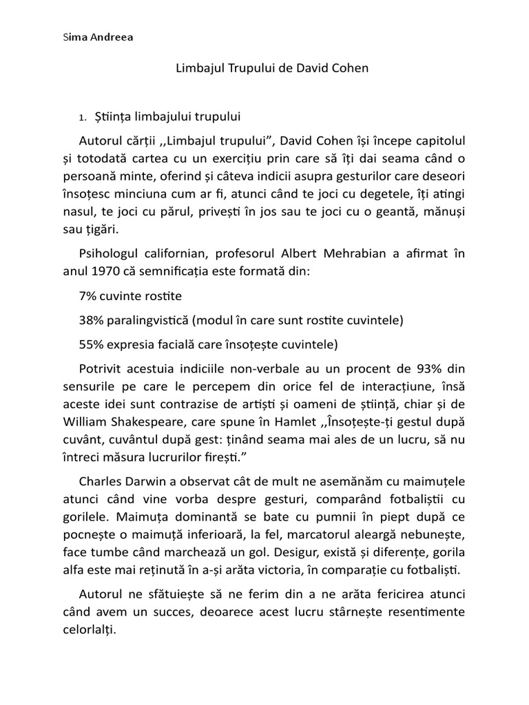 Limbajul Trupului de David Cohen | PDF