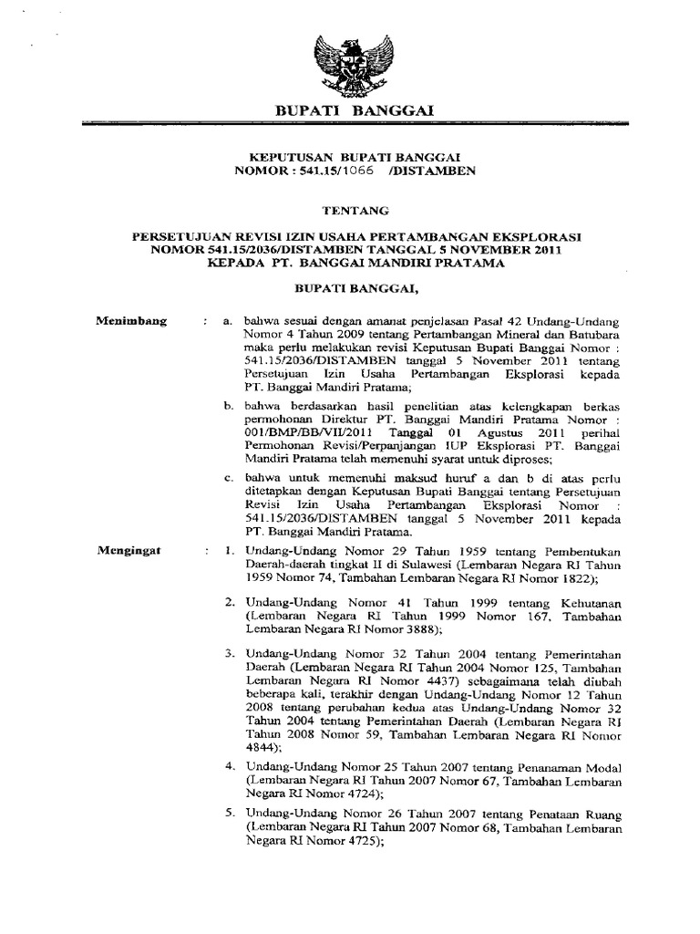 IUP Eksplorasi No - 1066 - PT Banggai Mandiri Pratama - Exp 22 Mei 2016 ...