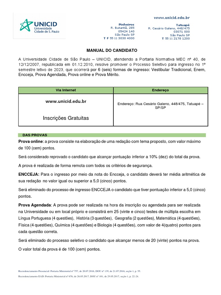 Manual Do Candidato 1sem2023 Unicid 2 | PDF | Diploma de bacharel