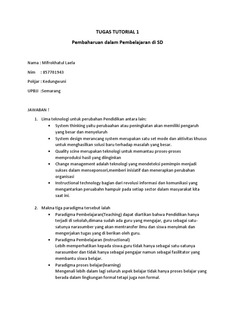 TUGAS TUTORIAL 1 Pembaharuan Dalam Pembelajaran Di SD | PDF