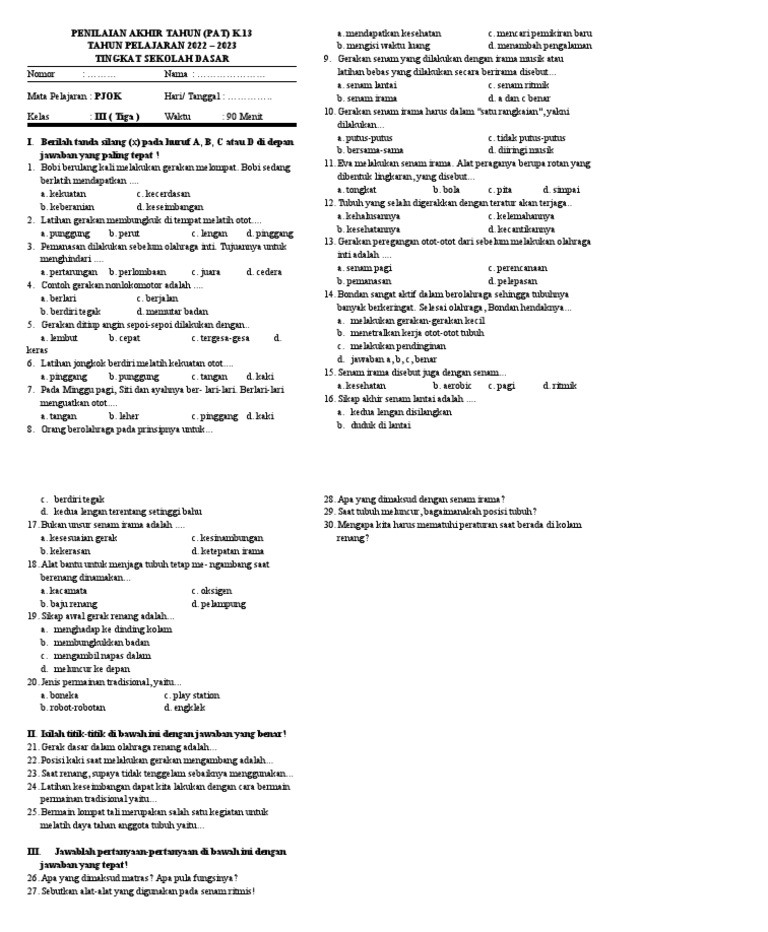 Soal PAT PJOK Kelas 3 2023 | PDF