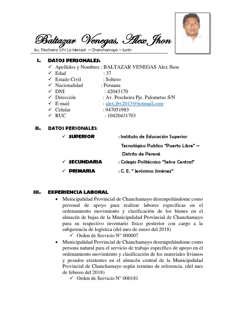 Cv-Alex Baltazar Venegas | PDF | Negocios