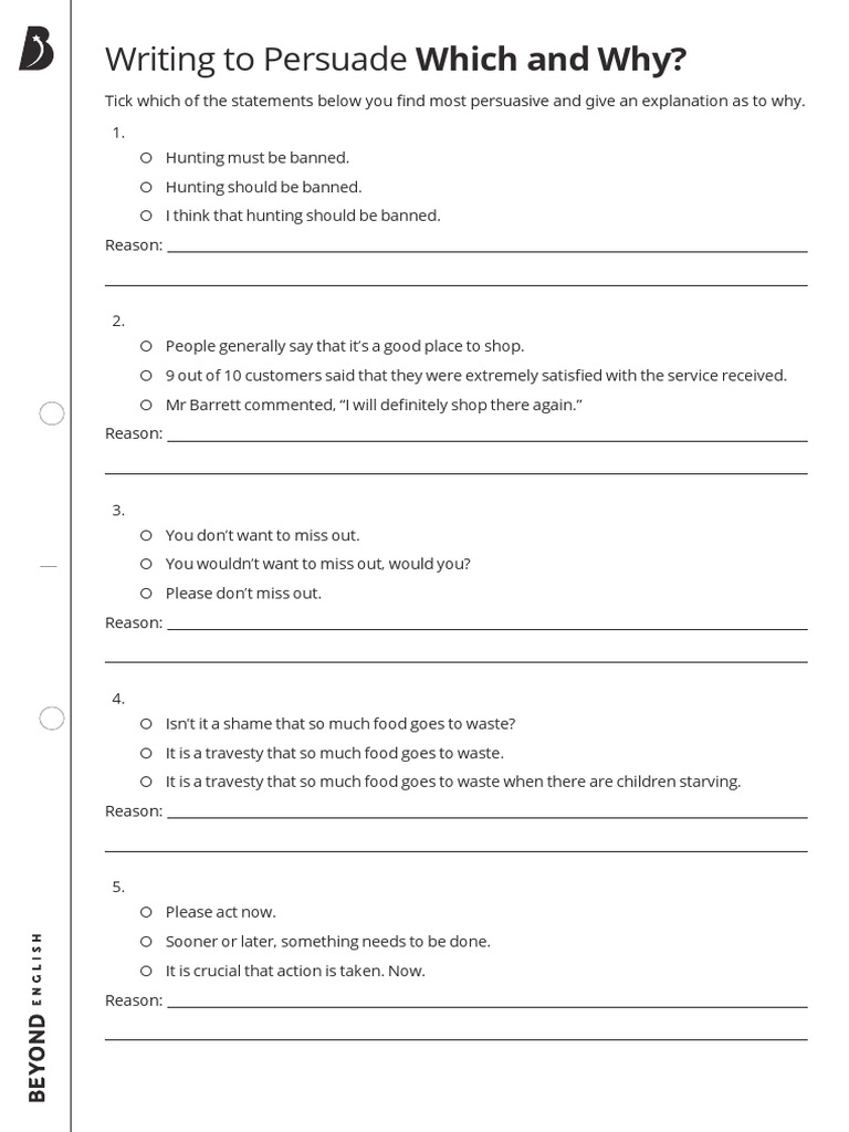 Writing To Persuade Which and Why Activity Sheet | PDF