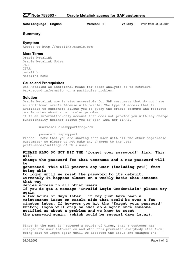 Note 758563 - Oracle Metalink Access for SAP Customers | PDF