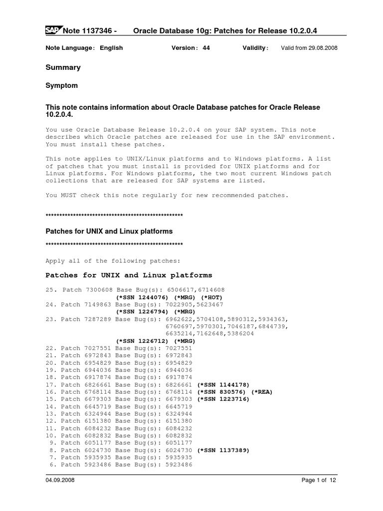 Note 1137346 - Oracle Database 10g Patches For Release 10.2.0.4 | PDF | Oracle Database | Oracle ...