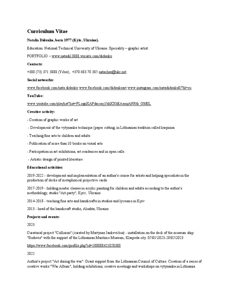 CV Natalia Didenko 2023 | PDF | Lithuania | The Arts