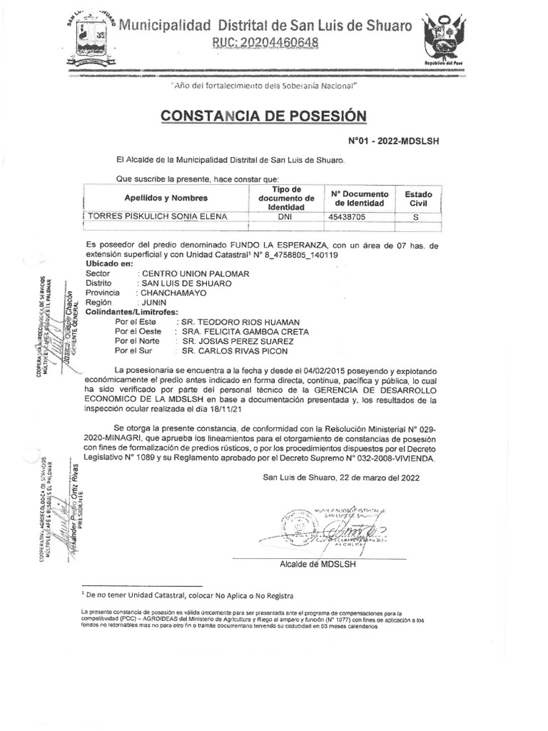 Constancia de Posesion | PDF