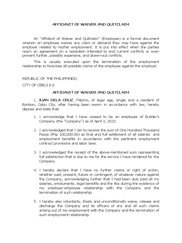 Affidavit of Waiver and Quitclaim (Employee) | PDF | Employment | Economies