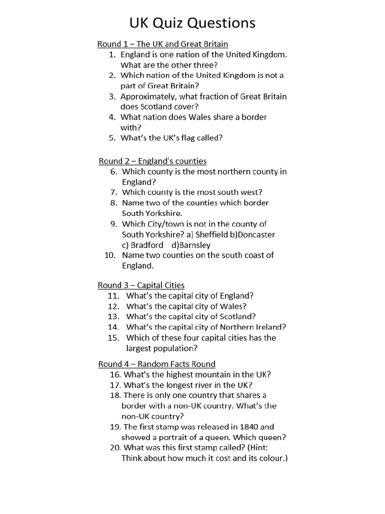 Summer 2 Week 3 7c. UK Quiz Questions and Answers | PDF | United ...