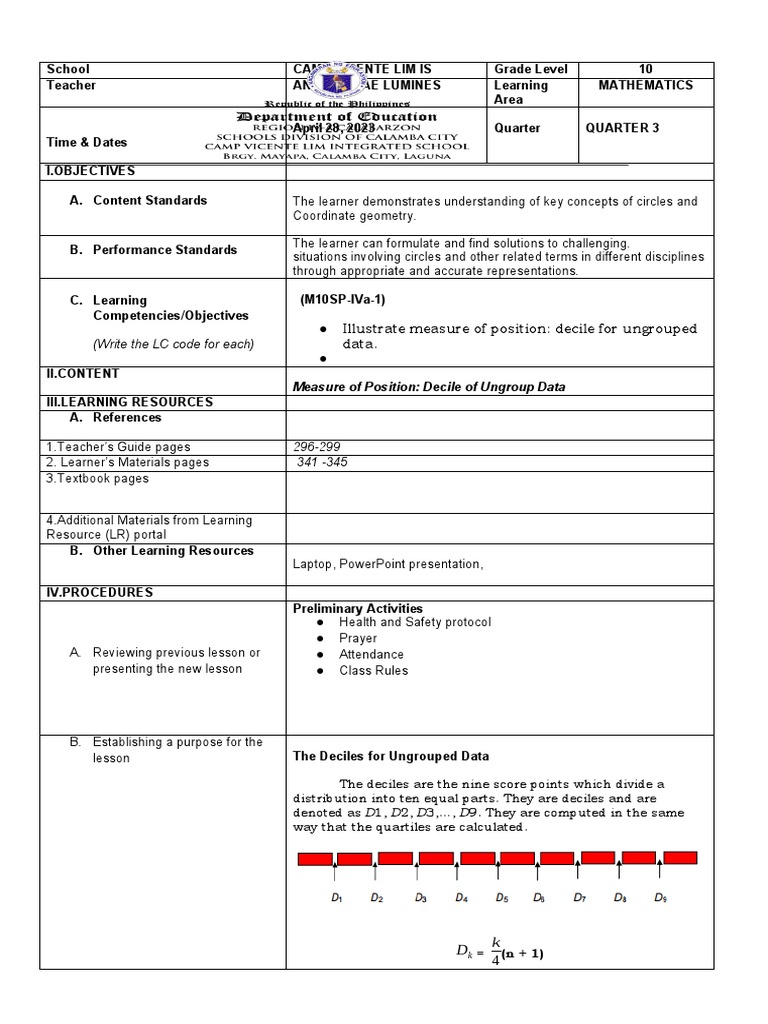 Deciles in Ungrouped Data Lesson Plan | PDF