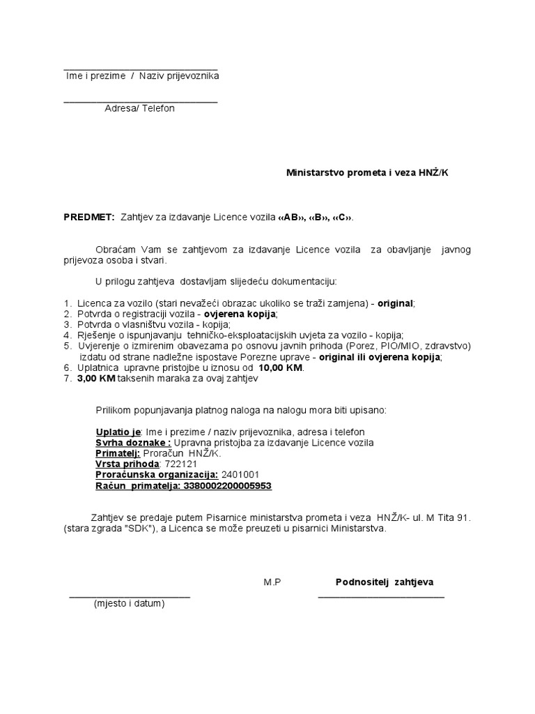 Zahtjev Za Izdavanje Licence Vozila ABBC | PDF
