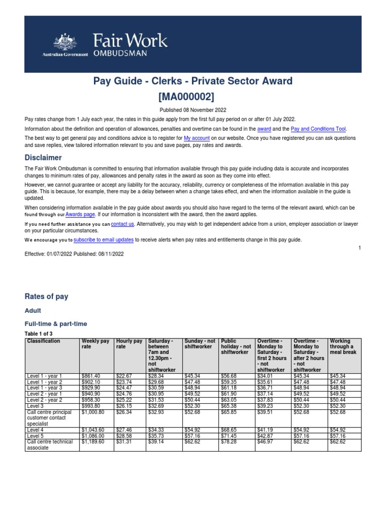 Pay Guide - Clerks - Private Sector Award (MA000002) : Disclaimer | PDF ...