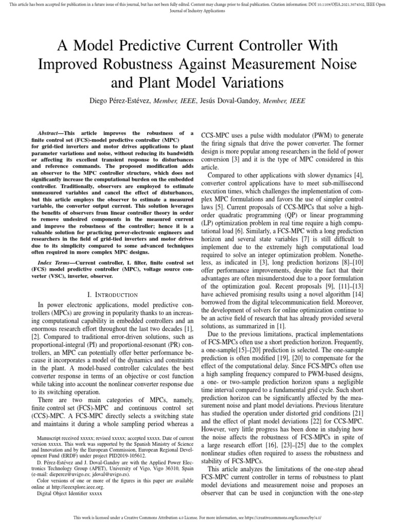 A Model Predictive Current Controller With Improve | PDF | Control Theory | Discrete Time And ...