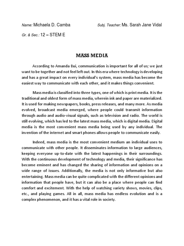Mass Media Essay | PDF