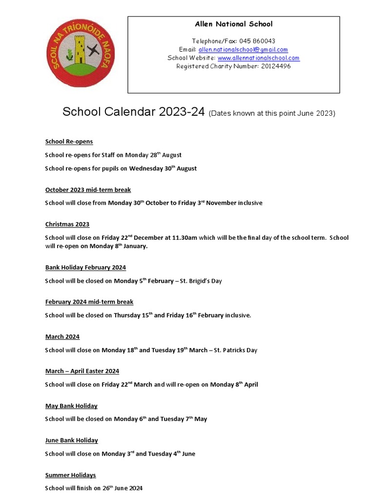 Allen National School Calendar 2023-24 | PDF