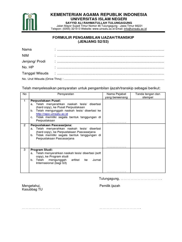 Formulir Pengambilan Ijazah Uin | PDF