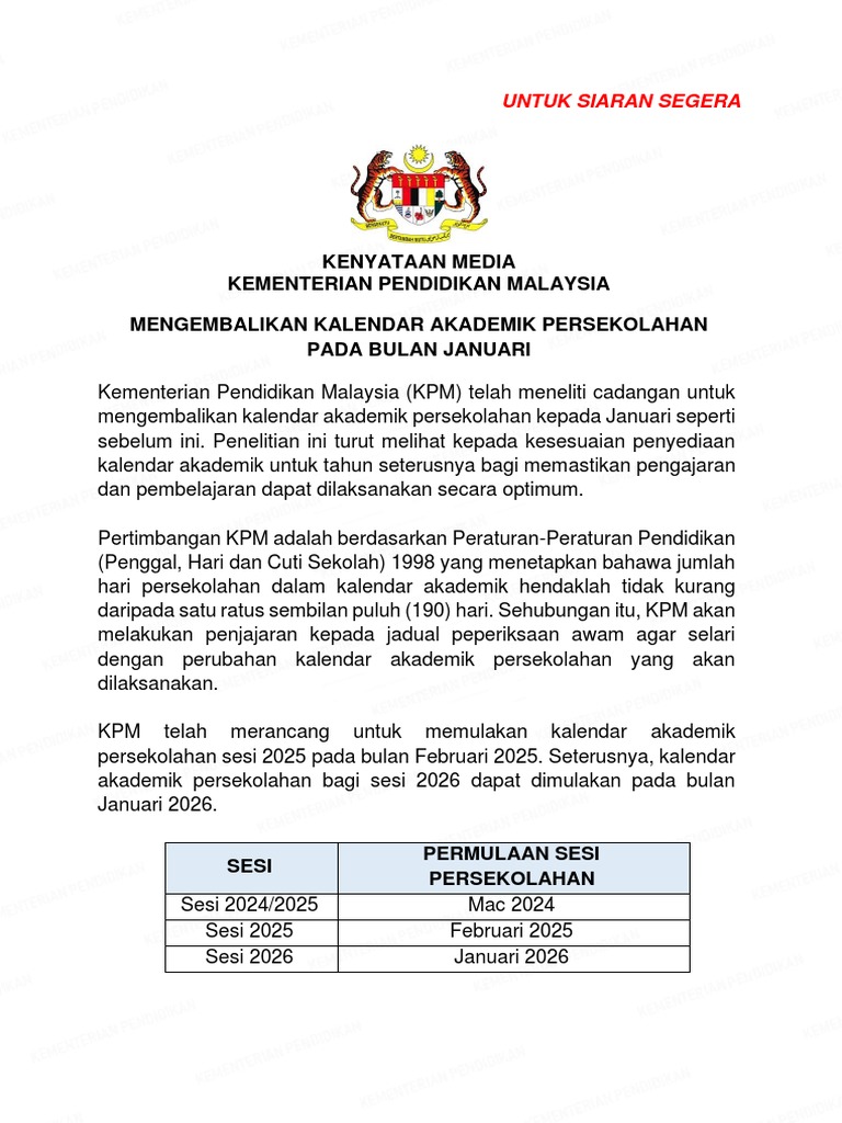 KM KPM Mengembalikan Kalendar Akademik Persekolahan Pada Bulan Januari | PDF