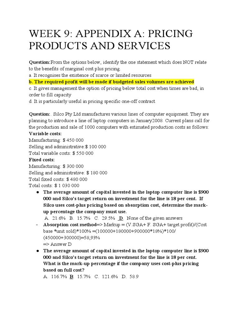 Week 9 - Appendix A - Pricing Products and Services | Download Free PDF | Pricing | Cost
