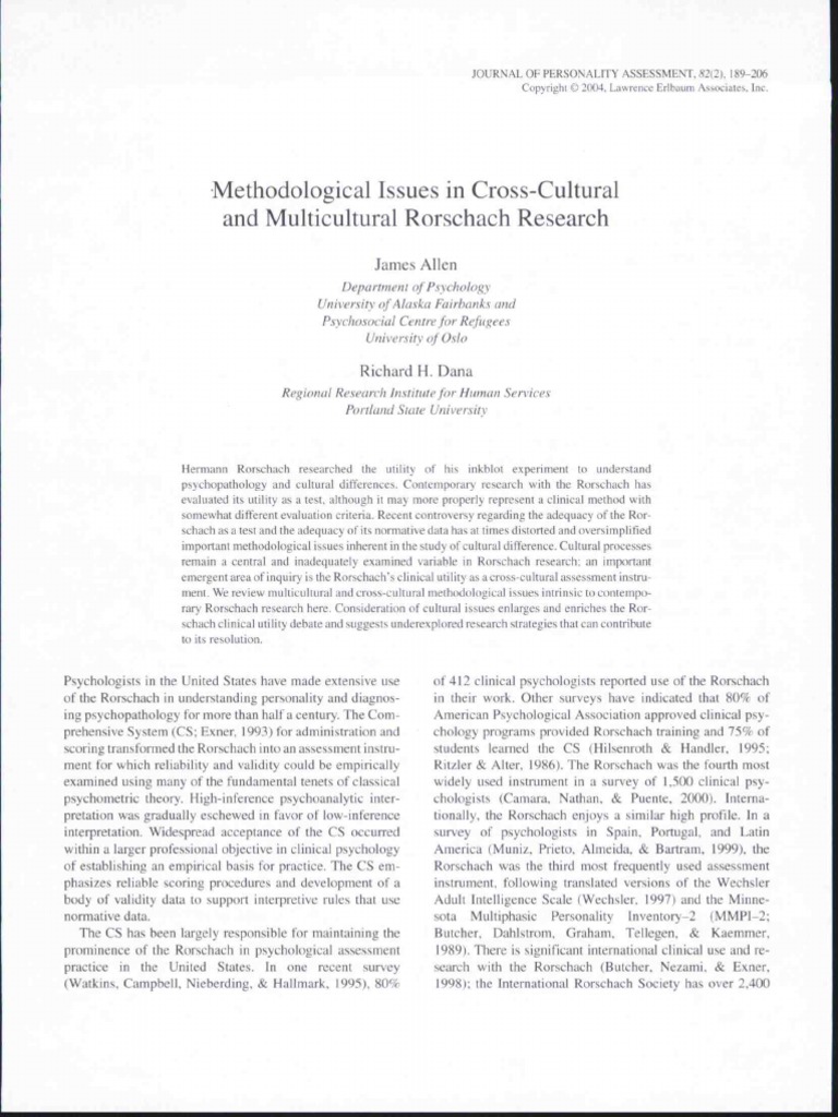 Methodological Issues in Cross-Cultural and Multicultural Rorschach ...