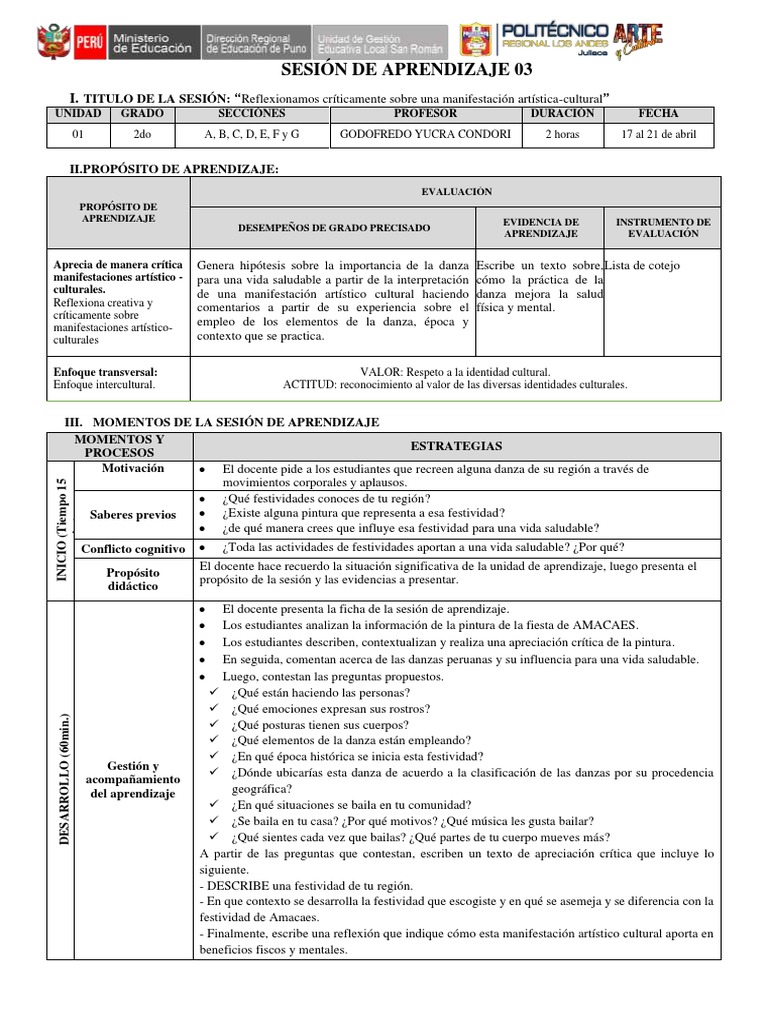 Sesion de Aprendizaje 3 - Danza | PDF | Aprendizaje | Bailes