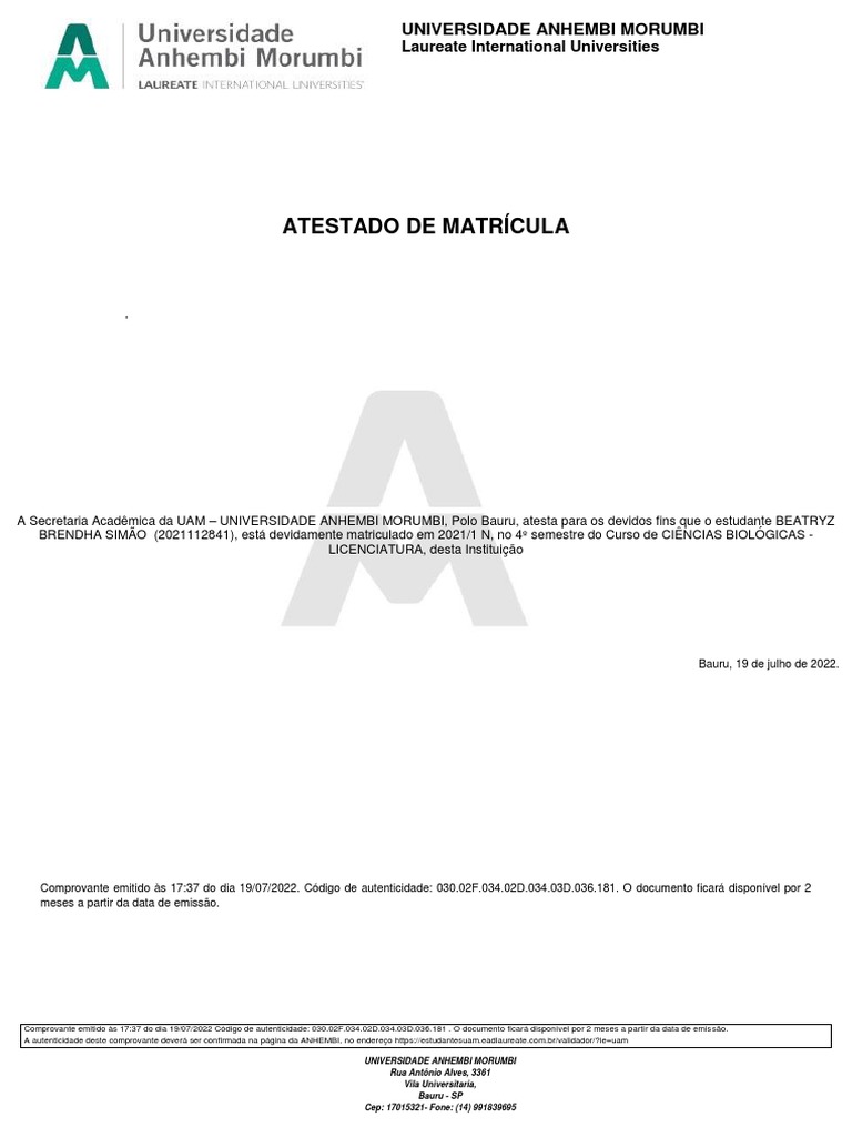 BBS Atestado de Matricula | PDF