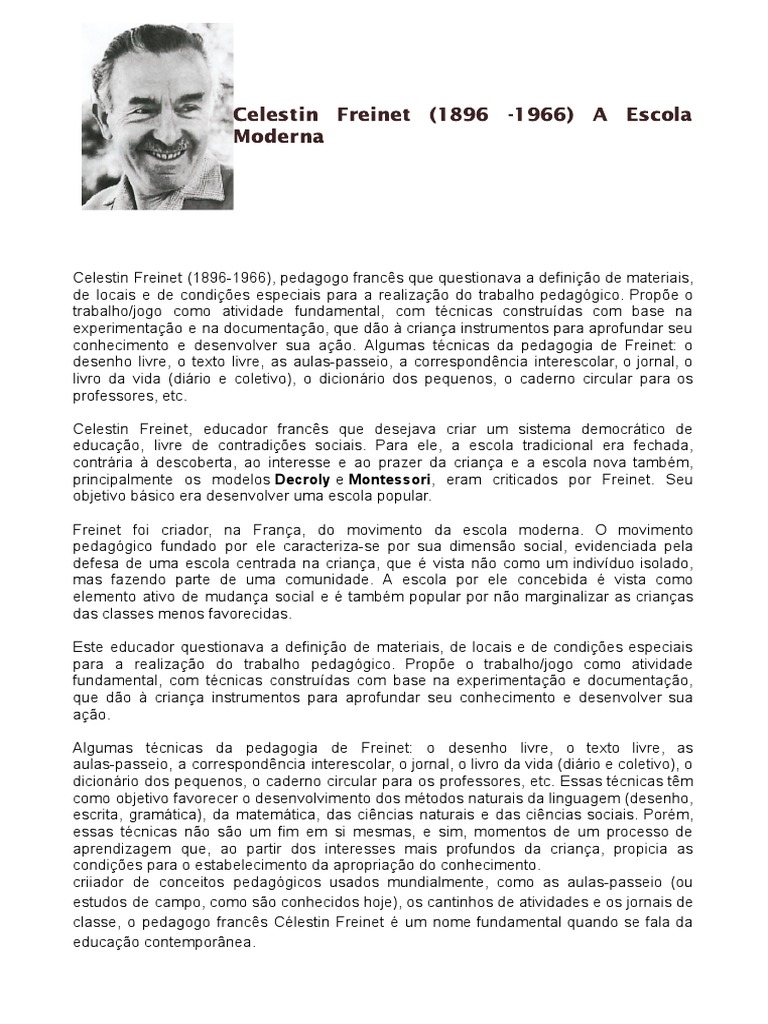 Trabalho Celestin Freinet | PDF | Pedagogia | Aprendizado