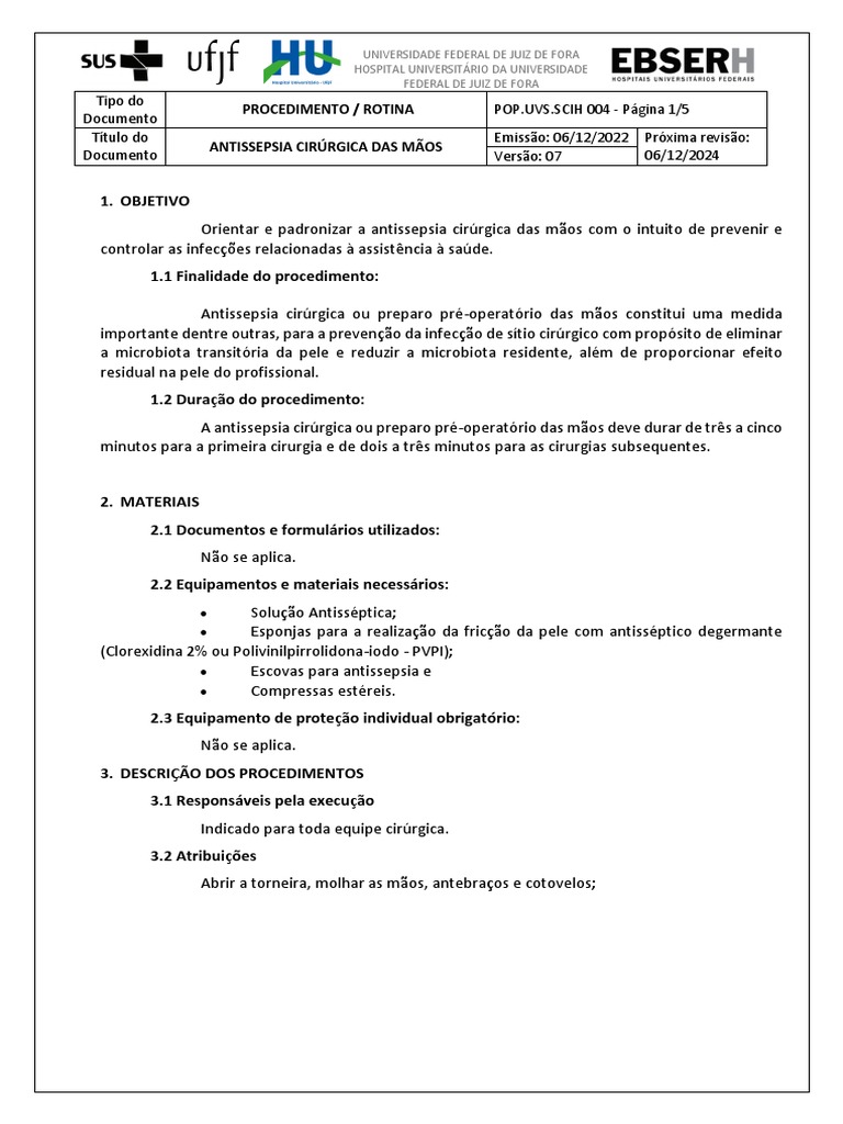 POP - UVS.SCIH.004 Antissépsia Cirúrgica Das Mãos | PDF | Infecção ...