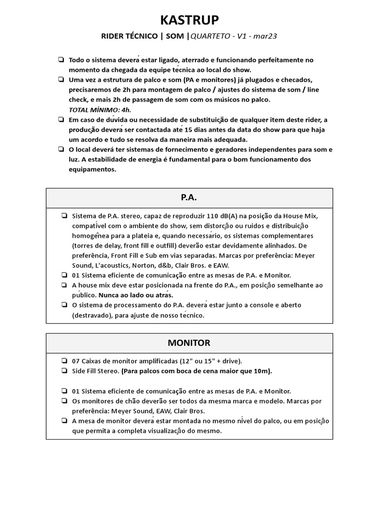 Modelo de Rider Tecnico de Show - Exemplo Kastrup Quarteto | PDF ...