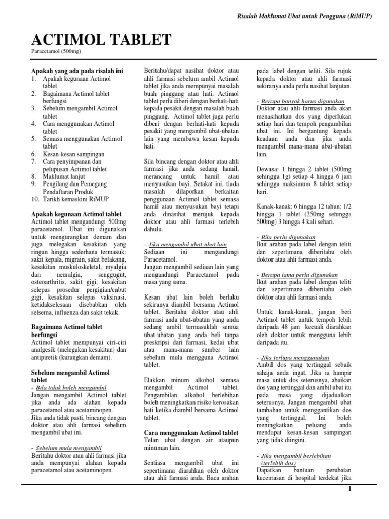 Actimol Tablet Paracetamol Pharmaniaga Manufacturing BHD 6 SEPT 2017 BM 1 | PDF