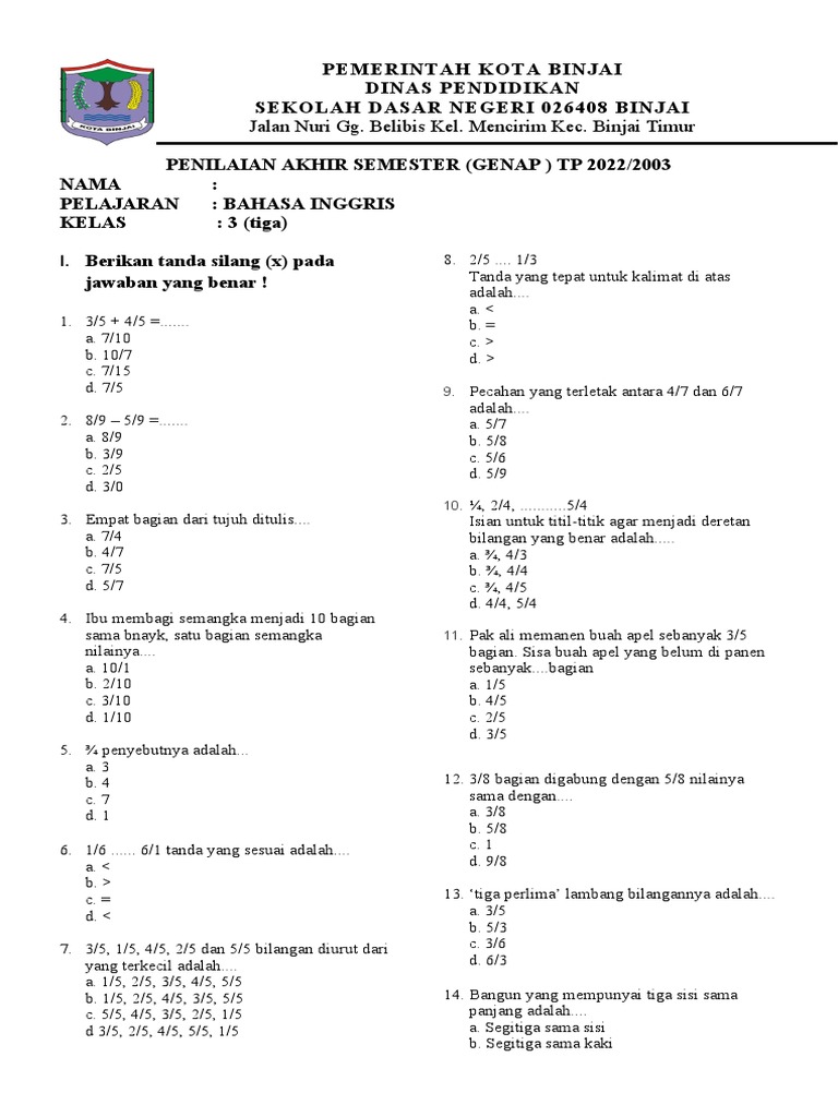 Soal Ujian Matematika Kelas 3 Semester 2 | PDF