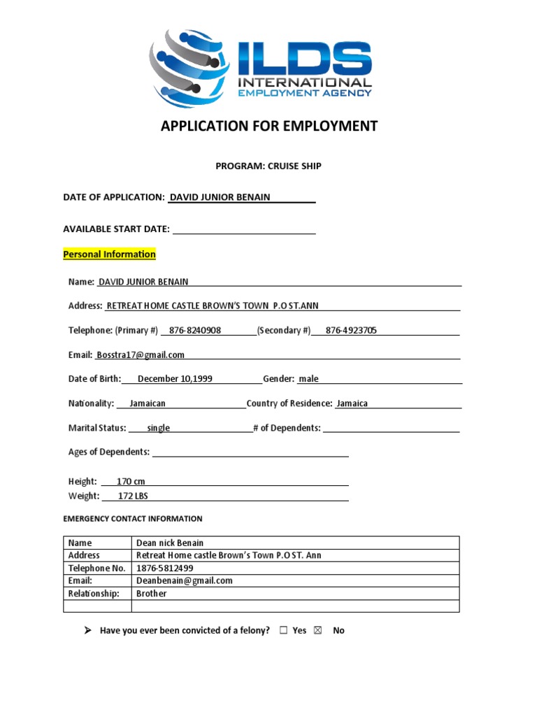 Cruise Ship Job Application Form | PDF