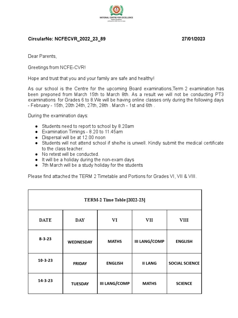 1-Circular-Timetable and Portions-Grades 6 To 8-TERM 2-2022!23!1 | PDF | Subject (Grammar ...