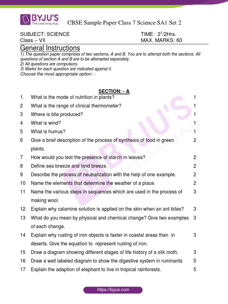 Class 7 Science Sample Paper SA1 | PDF | Soil | Chemistry