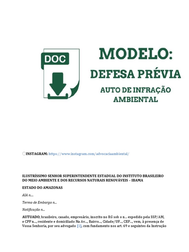 Modelo de Defesa Previa Contra Auto de Infracao Ambiental Por Desmatamento | PDF | Direito Penal ...