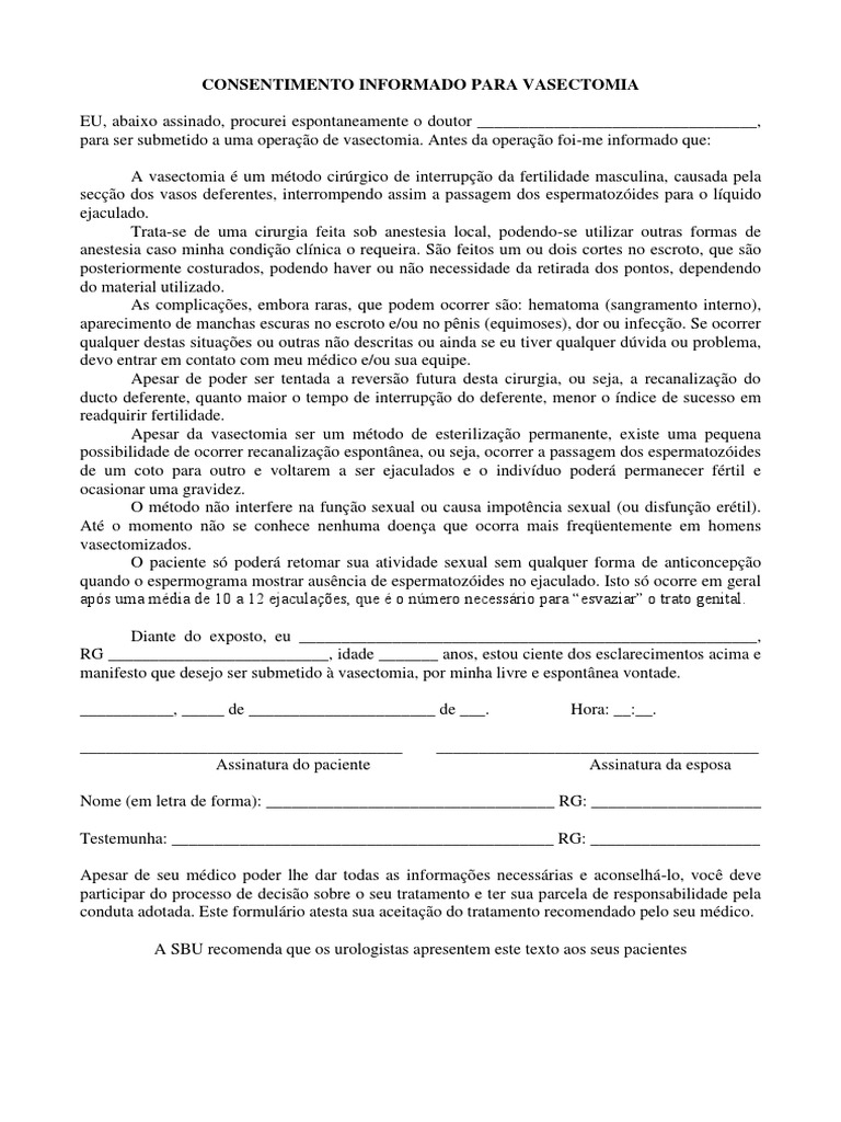 Consentimento Informado VASECTOMIA | PDF | Anticoncepcionais ...