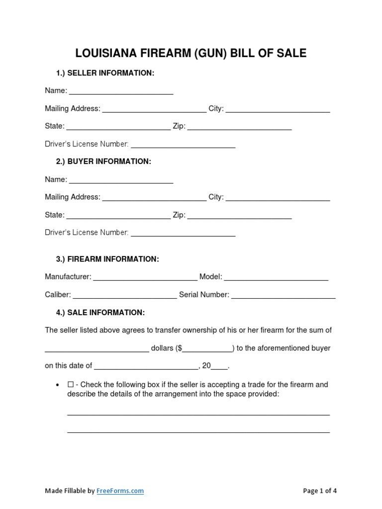 Louisiana Firearm Gun Bill of Sale Form | PDF
