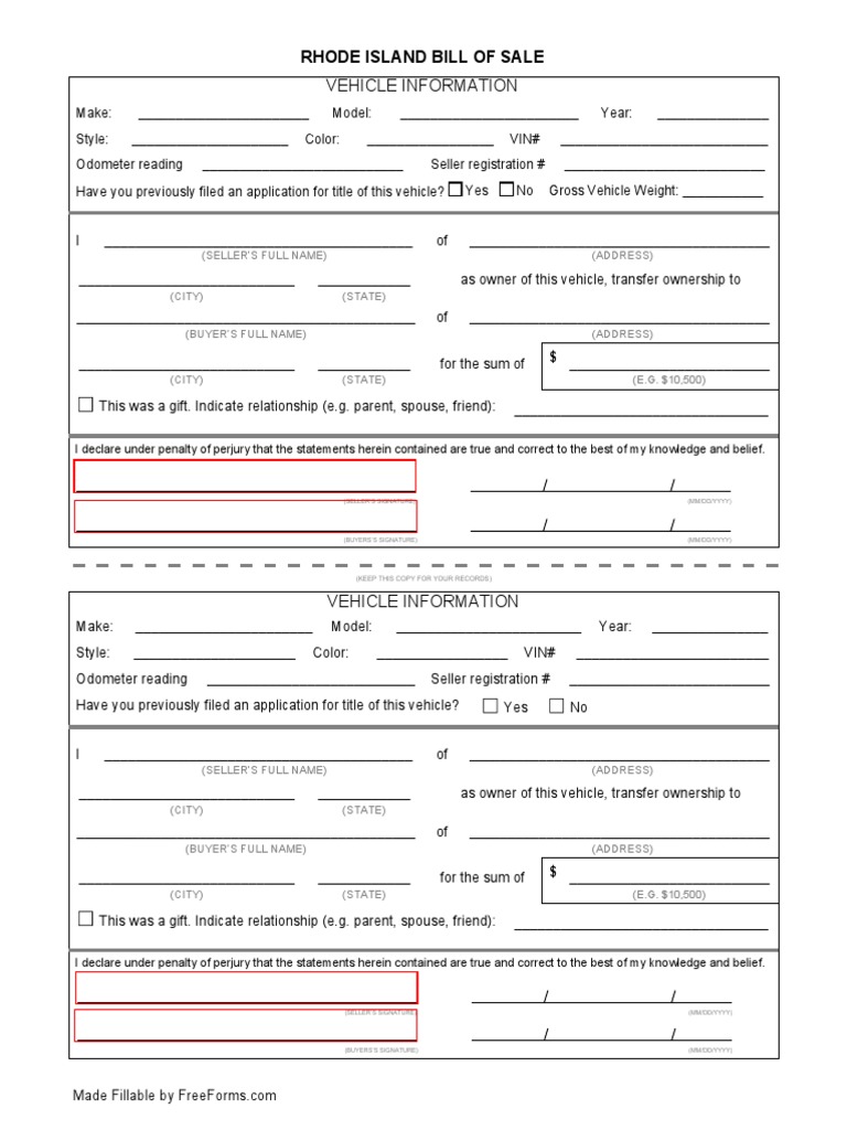 Rhode Island Vehicle Bill of Sale Form | PDF | Sales | Vehicles