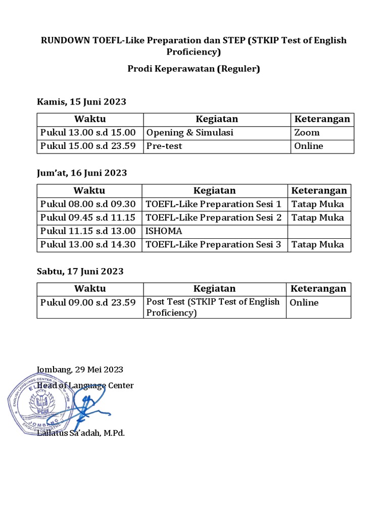 Keperawatan Reguler - Rundown Pelaksanaan STEP (TOEFL-Like) STIKES ...