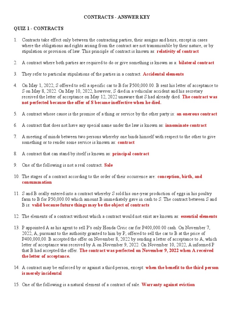 Contracts Quiz 1 and 2 Answer Key | PDF | Offer And Acceptance | Law ...
