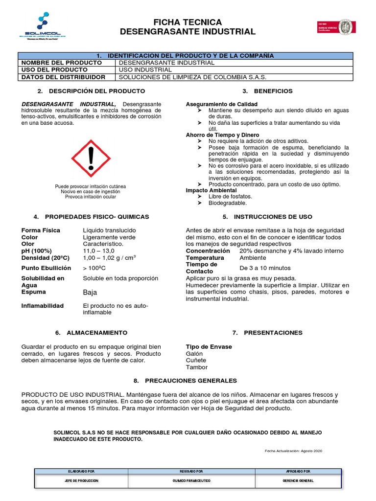 Desengrasante Industrial: Ficha Técnica | PDF