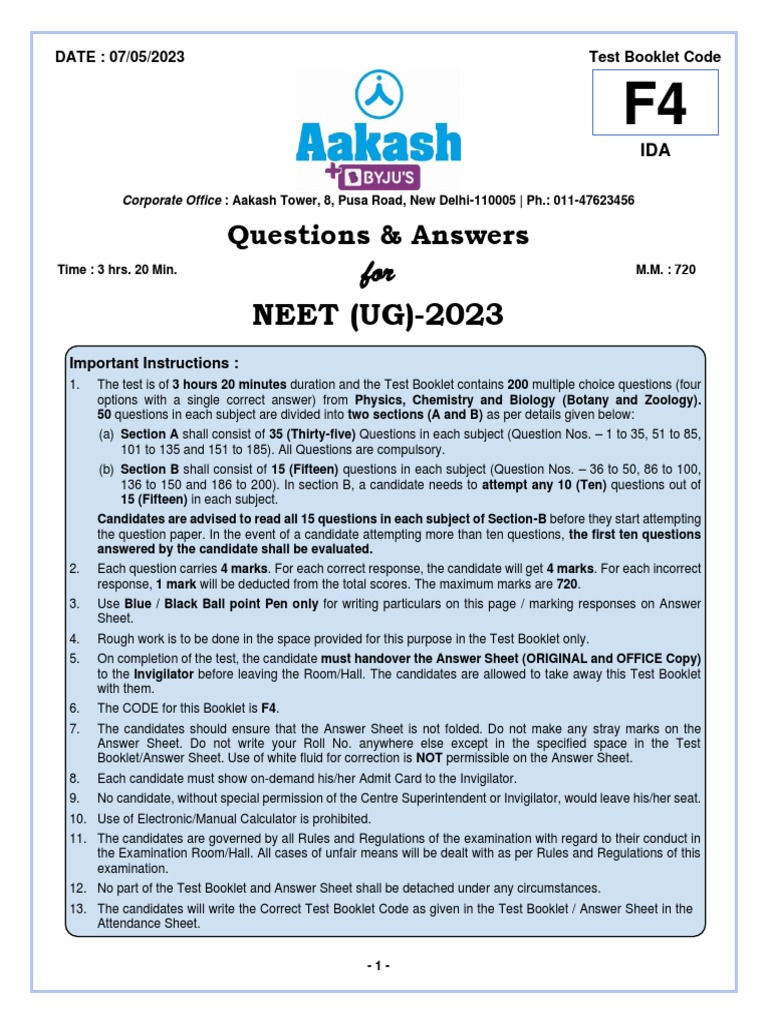NEET 2023 Question Paper Code F4 PDF | PDF | Ribosomal Rna | Chemical Bond