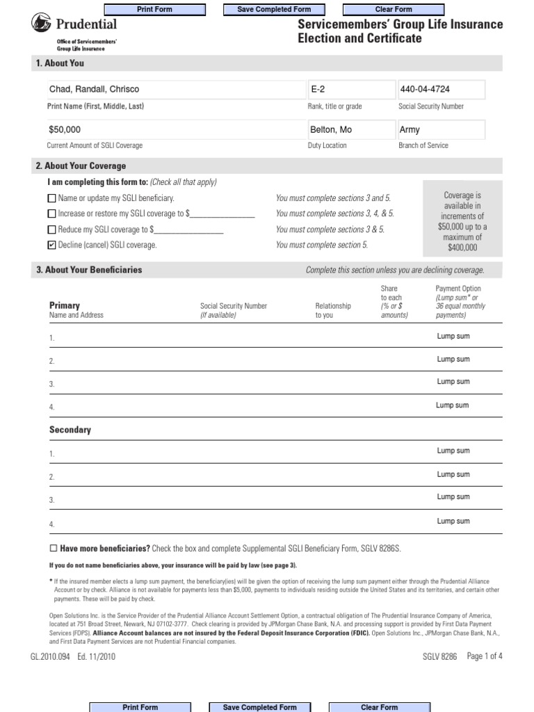 SGLI Beneficiary and Payment Options Form | PDF | Trust Law | Insurance