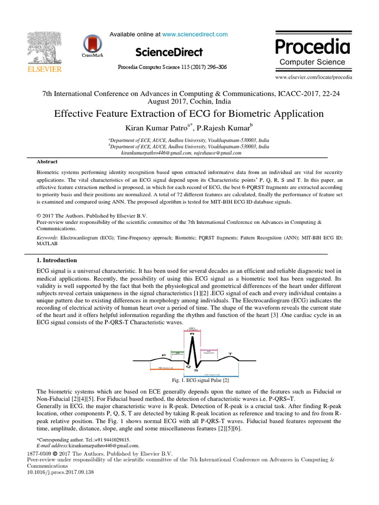 Effective Feature Extraction Of Ecg For Biometric Application Pdf